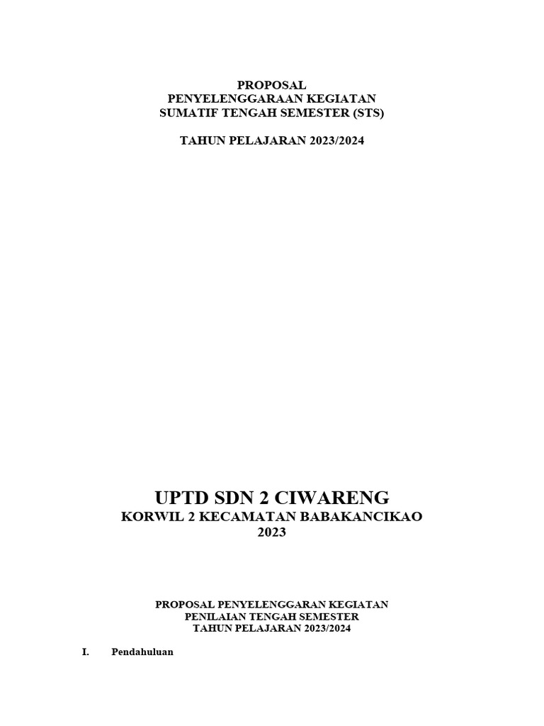 Uptd SDN 2 Ciwareng: Proposal Penyelenggaraan Kegiatan Sumatif Tengah Semester (STS) TAHUN ...