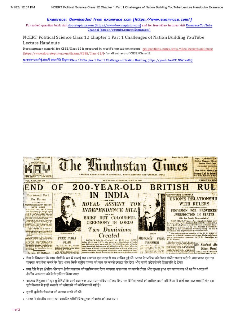 NCERT Political Science Class 12 Chapter 1 Part 1 Challenges of Nation ...