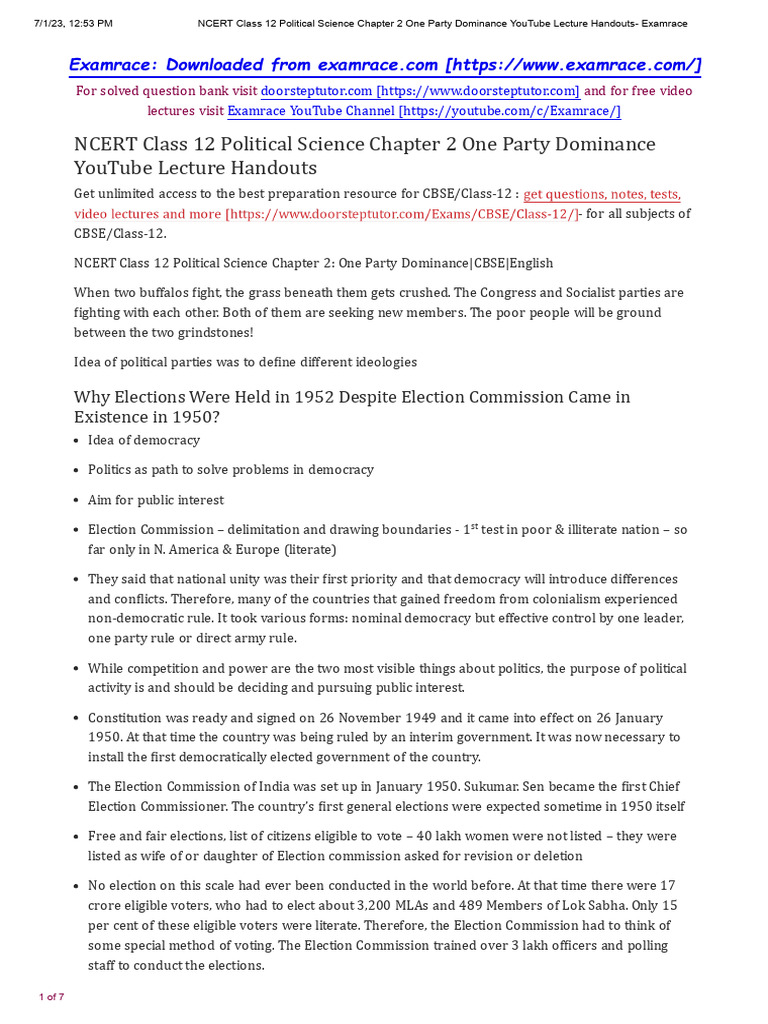 NCERT Class 12 Political Science Chapter 2 One Party Dominance YouTube ...