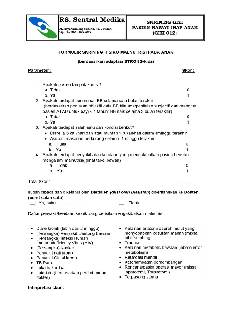 Skrining Risiko Malnutrisi Anak | PDF