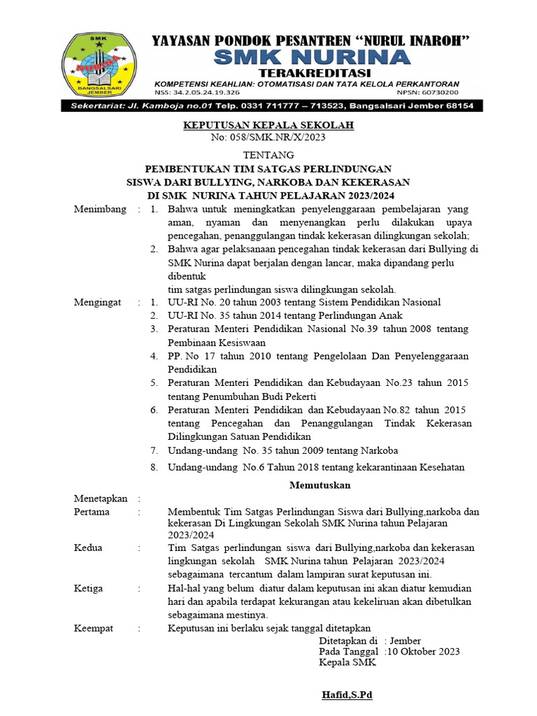 SK Satgas Perlindungan Siswa SMK Nurina 2023 | PDF
