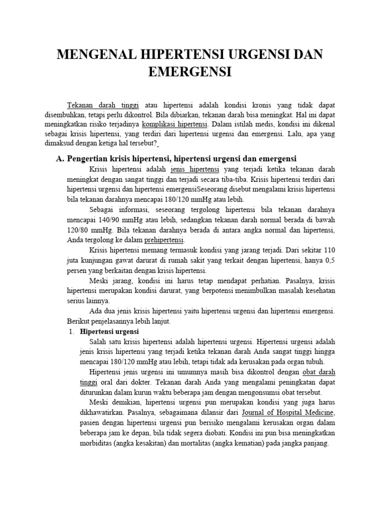 Perbedaan Hipertensi Urgensi dan Emergensi | PDF