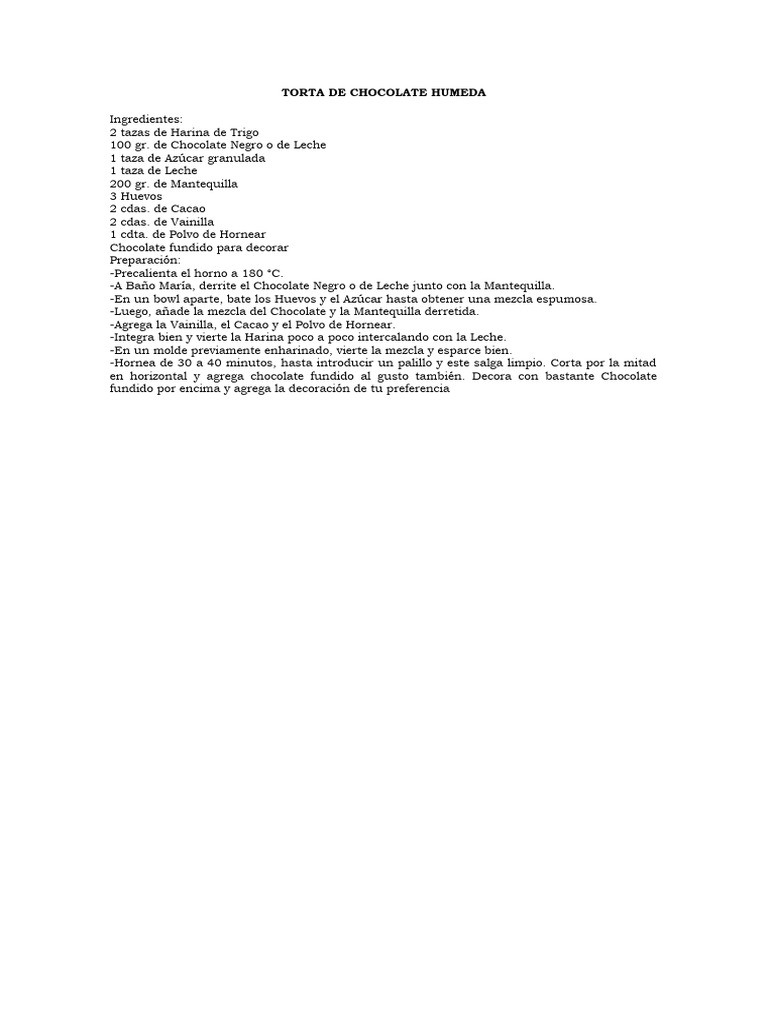 Torta Humeda De Chocolate Tipo Matilda Pdf