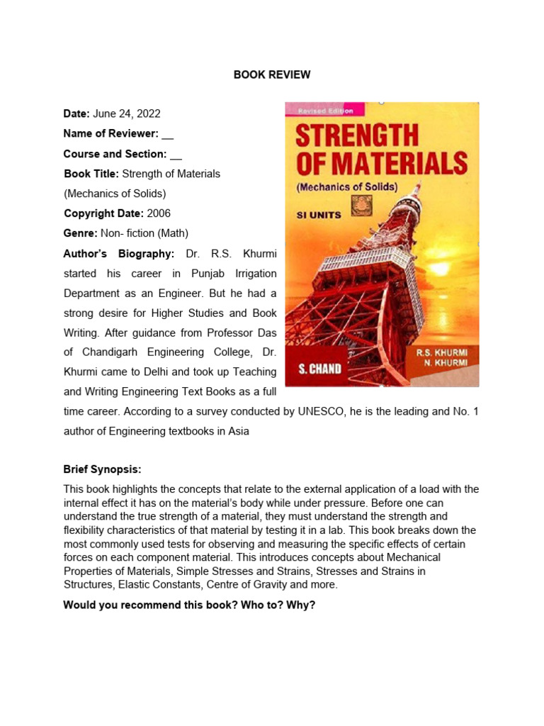 Book Review of STRENGTH OF MATERIALS | PDF