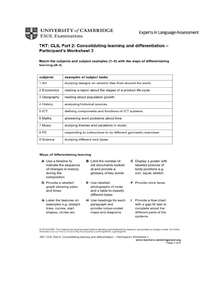 TKT CLIL Unit 14 Worksheet 3 12.10.2023 | PDF