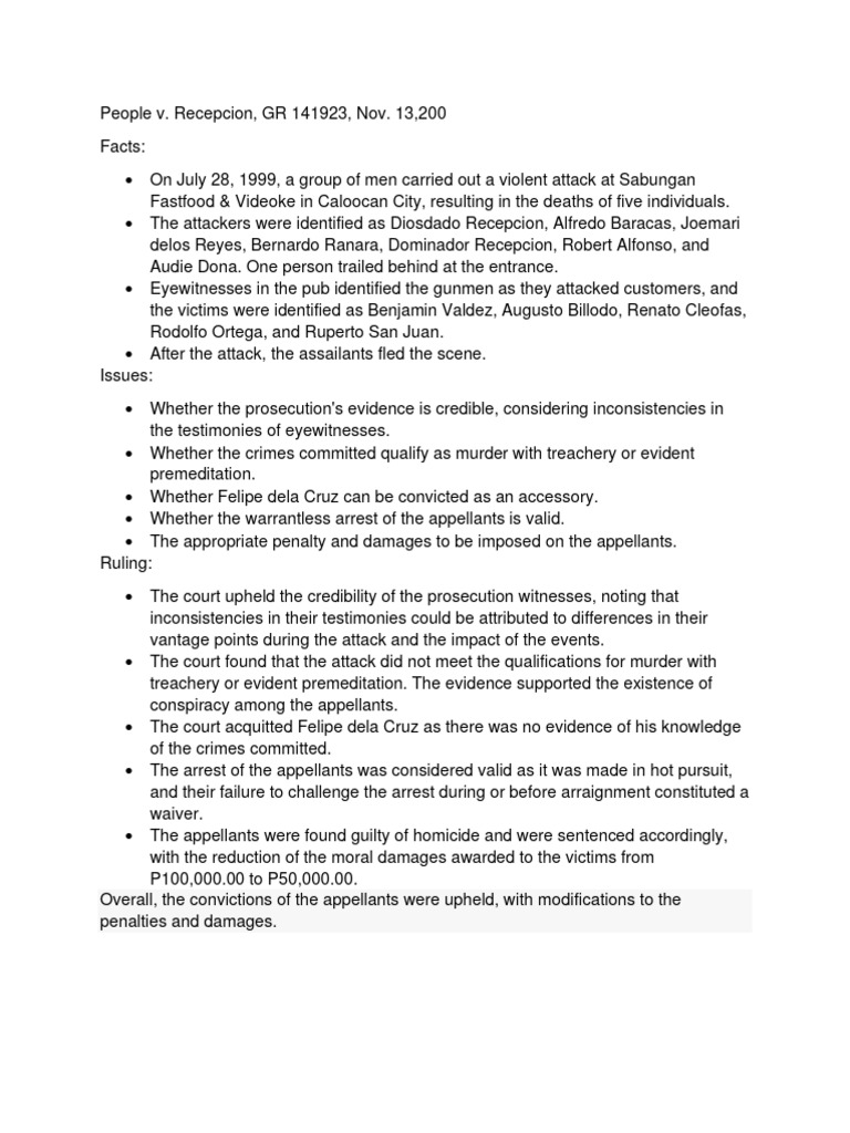 Homicide Case Review: People v. Recepcion | PDF