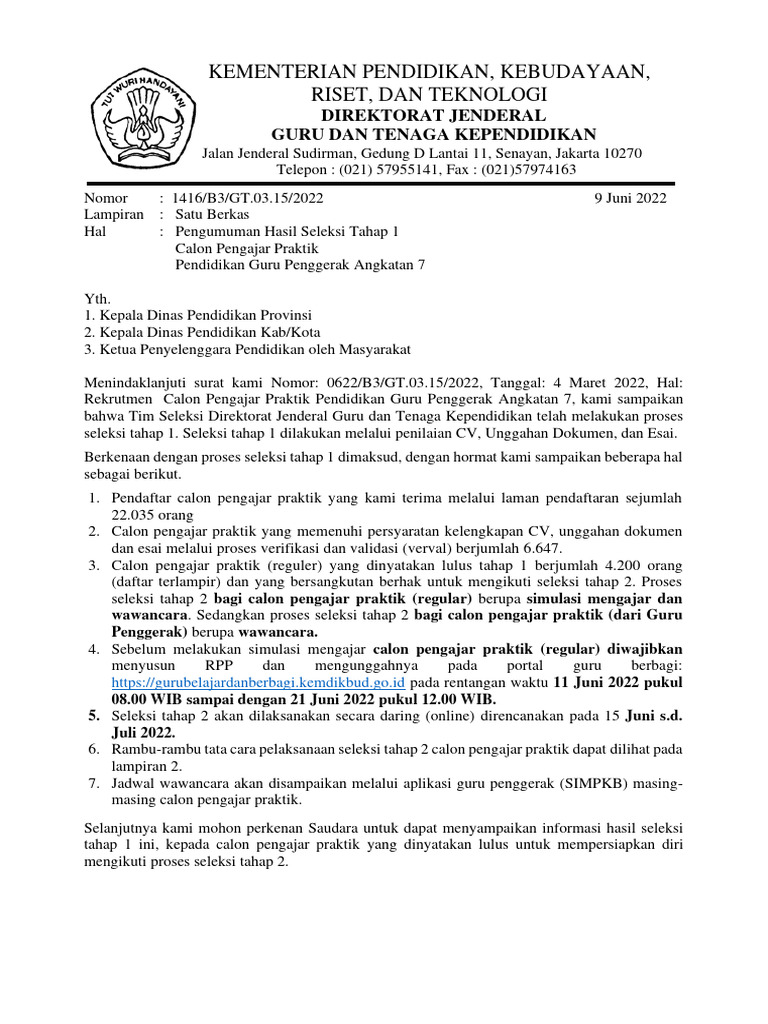 Pengumuman Seleksi Tahap 1 - CPP - 7 Provinsi Sumatera Selatan | PDF