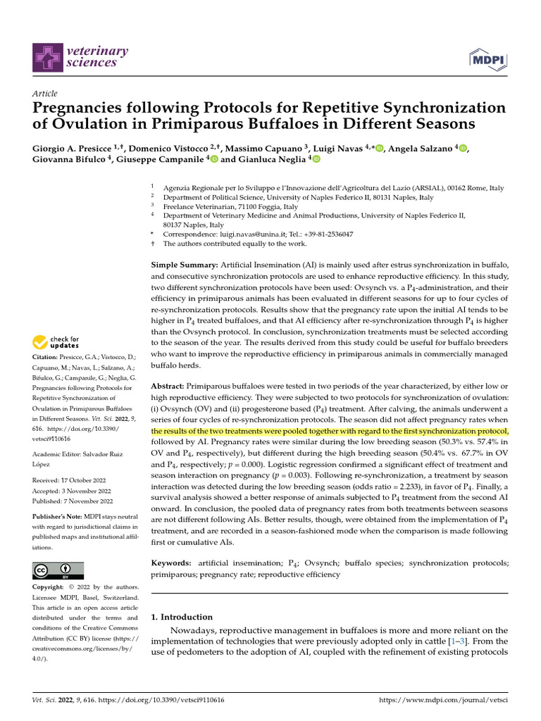 Ov Synchronization in Primiparous Buffalos | PDF | Sexual Reproduction ...