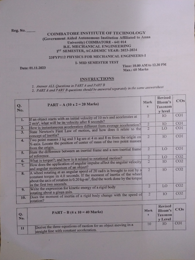 PHYSICS FOR MECHANICAL ENGINEERING 1 MID SEM 1 November 01 2023 | PDF ...
