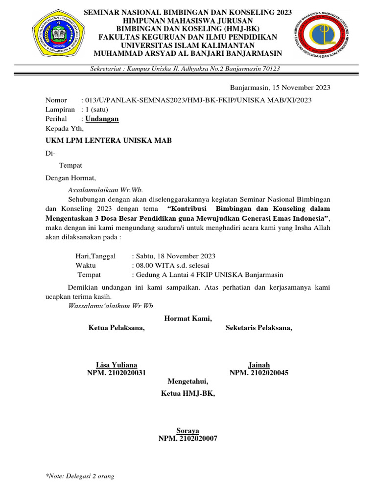 013 Surat Undangan Ukm LPM Lentera Uniska Mab | PDF