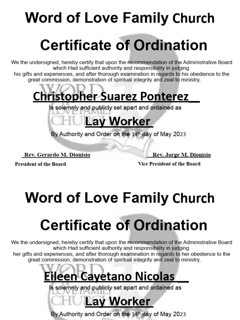 Ordination Certificate Layout | PDF | Ordination | Church Organization