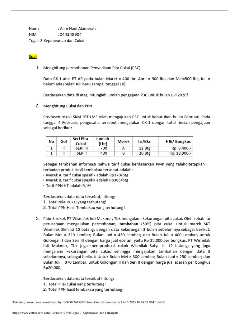 Tugas 3 Kepabeanan Dan Cukai PDF | PDF | Bisnis | Pengelolaan Keuangan & Uang