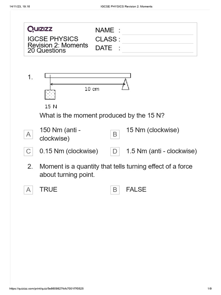 IGCSE Physics Moments Revision Quiz | PDF | Force | Lever