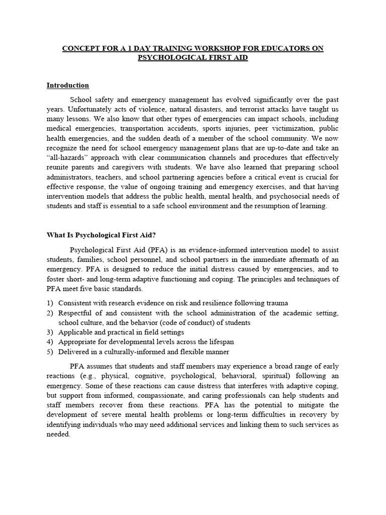 CONCEPT FOR 1 Day PFA Workshop | PDF | Emergency | Mental Health