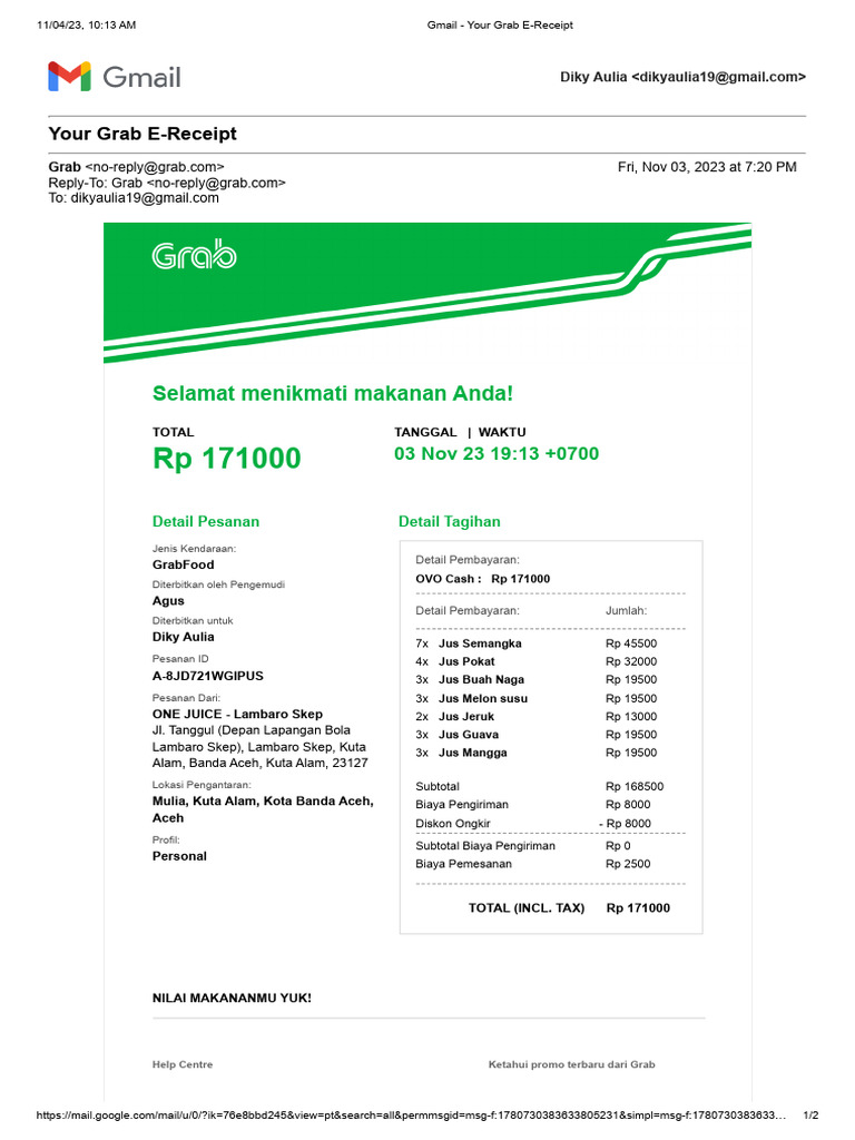 Gmail - Your Grab E-Receipt - 3 Nov | PDF