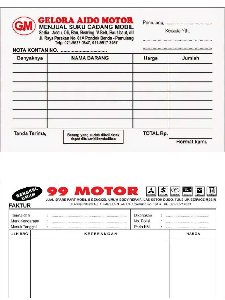 1 Contoh Nota Bengkel Motor | PDF