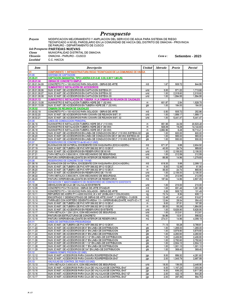 Presupuesto P.N. | PDF | Hormigón | Tubería (transporte de fluidos)