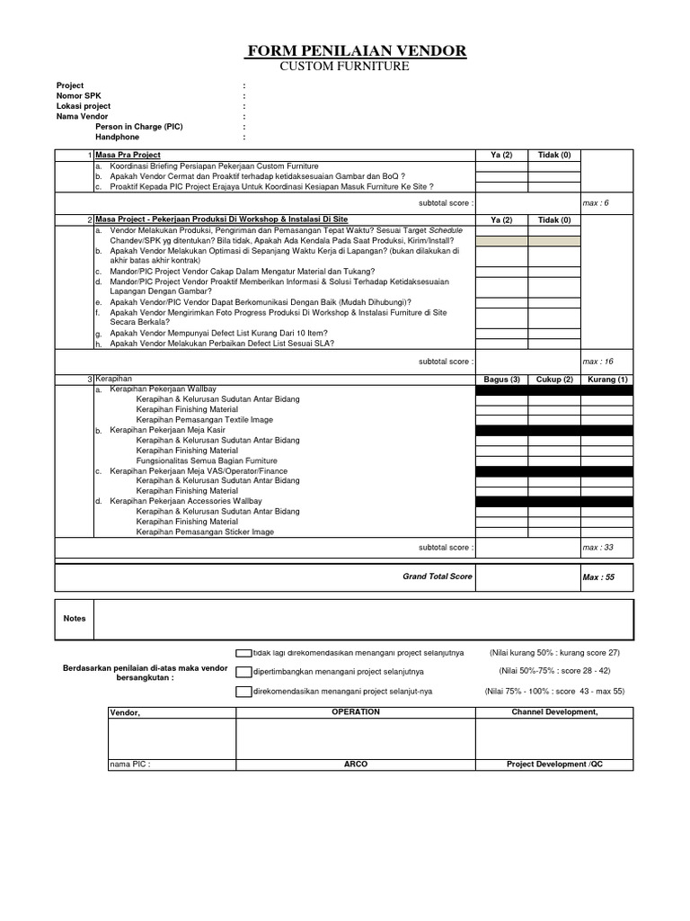 Form Penilaian Vendor (Furniture) | PDF