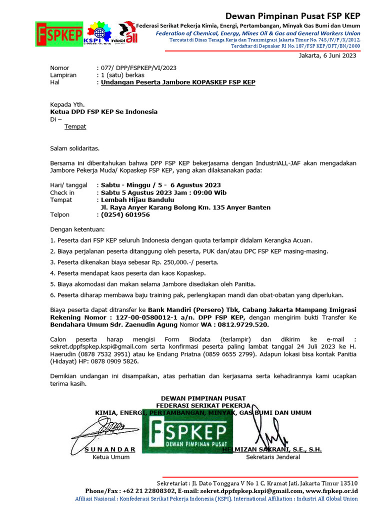 No.077.Undangan Jambore Kopaskep - DPD FSP KEP Se Indonesia - DPC FSP KEP Bengkulu, DPC FSP KEP ...