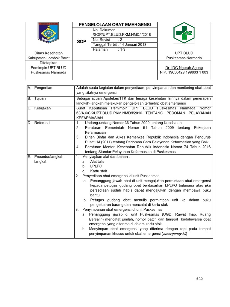 SOP Pengelolaan Obat Emergensi | PDF | Kesehatan Holistik | Sains & Matematika