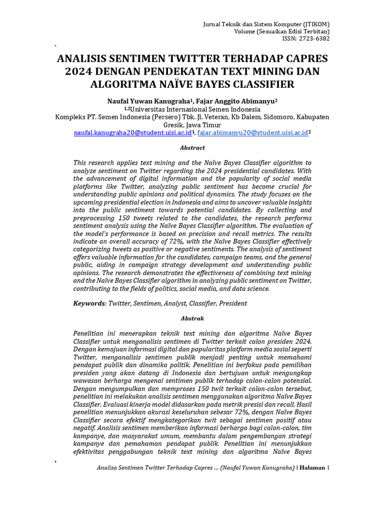 Analisis Sentimen Twitter Terhadap Capres 2024 Dengan Pendekatan Text Mining Dan Algoritma Naïve