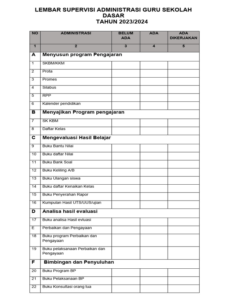 Lembar Supervisi Administrasi Guru Sekolah Dasar | PDF | Karier & Perkembangan