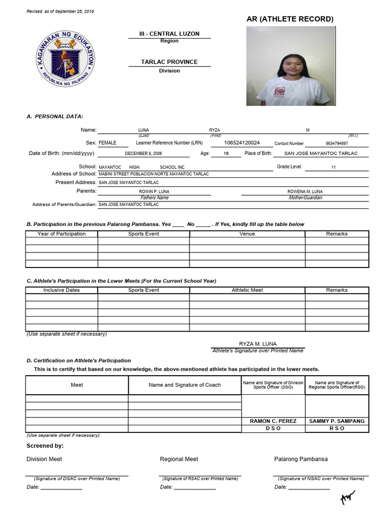 Ryza Athlete Record | PDF