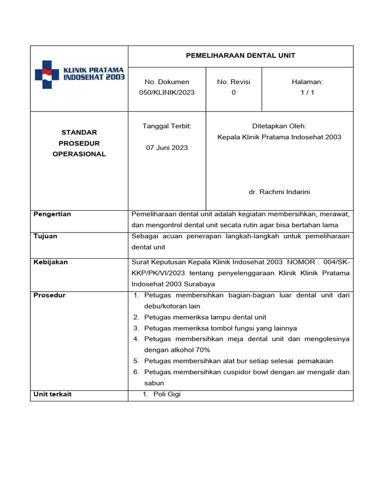Spo Pemeliharaan Dental Unit | PDF