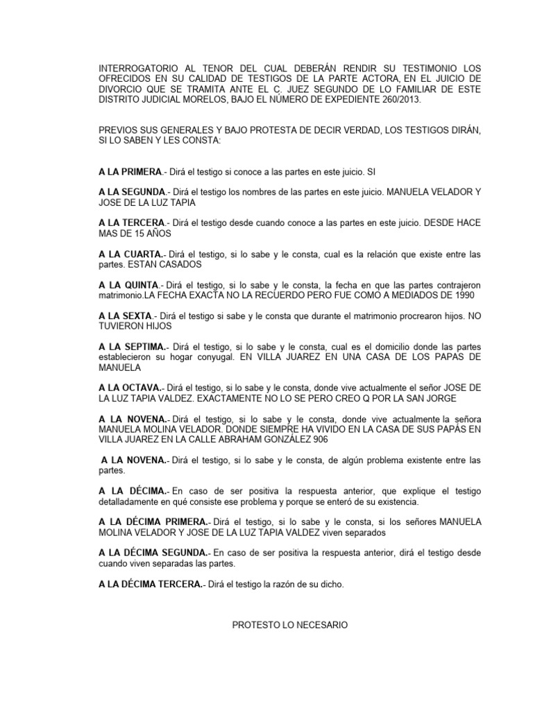 Interrogatorio Testigos Divorcio 260/2013 | PDF