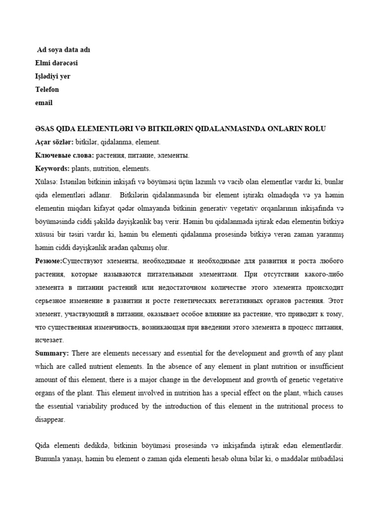 Əsas Qida Elementləri | PDF