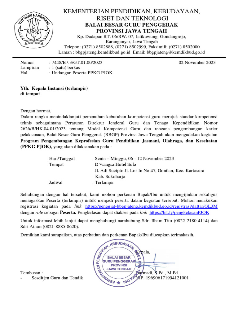 23-11-7448-Surat Permohonan Peserta PPKG PJOK | PDF