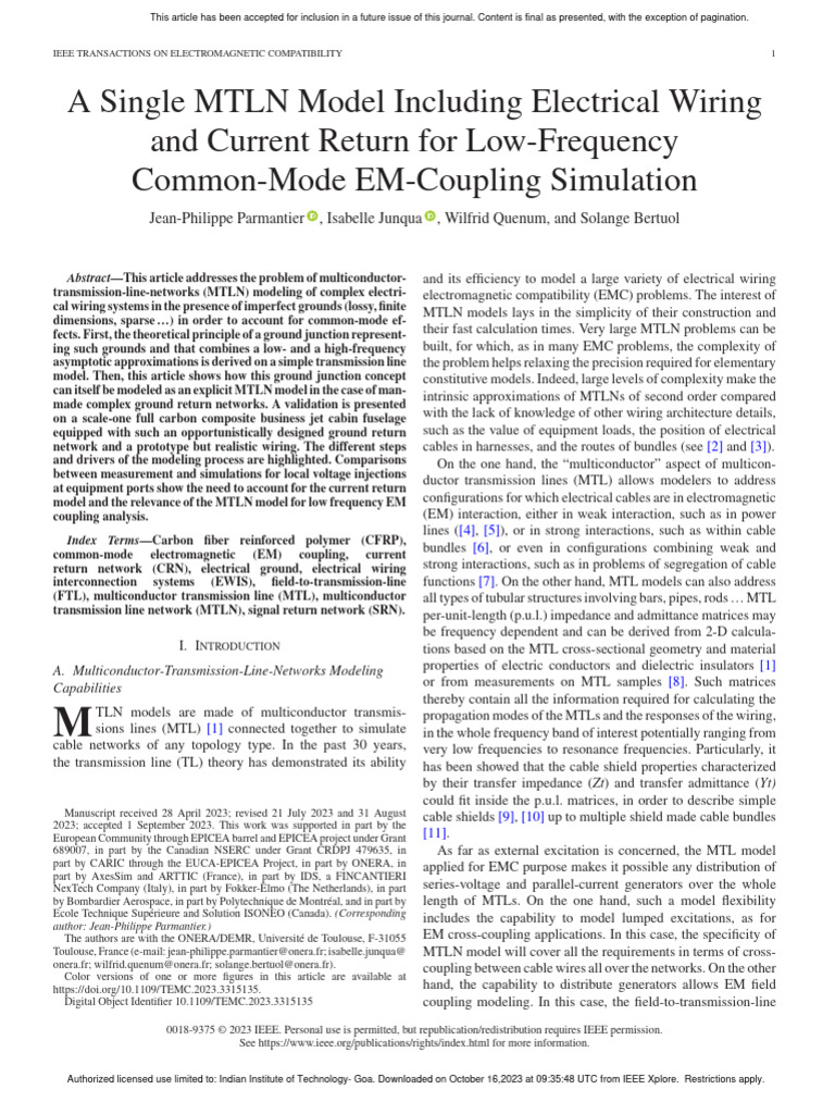 A Single MTLN Model Including Electrical Wiring and Current Return For Low-Frequency Common-Mode ...