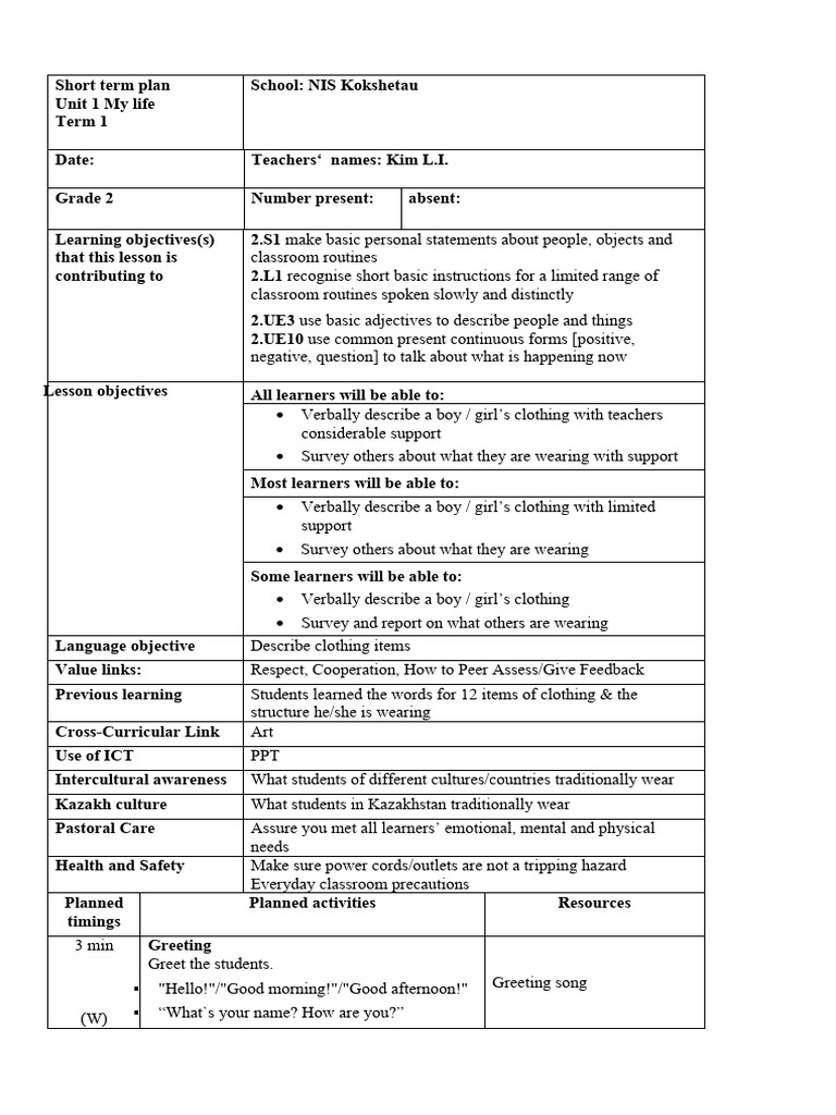 English Grade2 Unit1 All About Me My Clothes and Things LESSON PLAN | PDF | Learning | Cognitive ...
