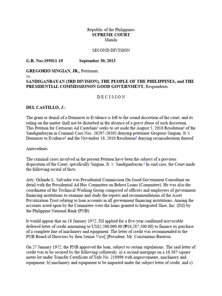 Singian Vs Sandiganbayan September 30, 2013 | PDF | Demurrer | Common Law