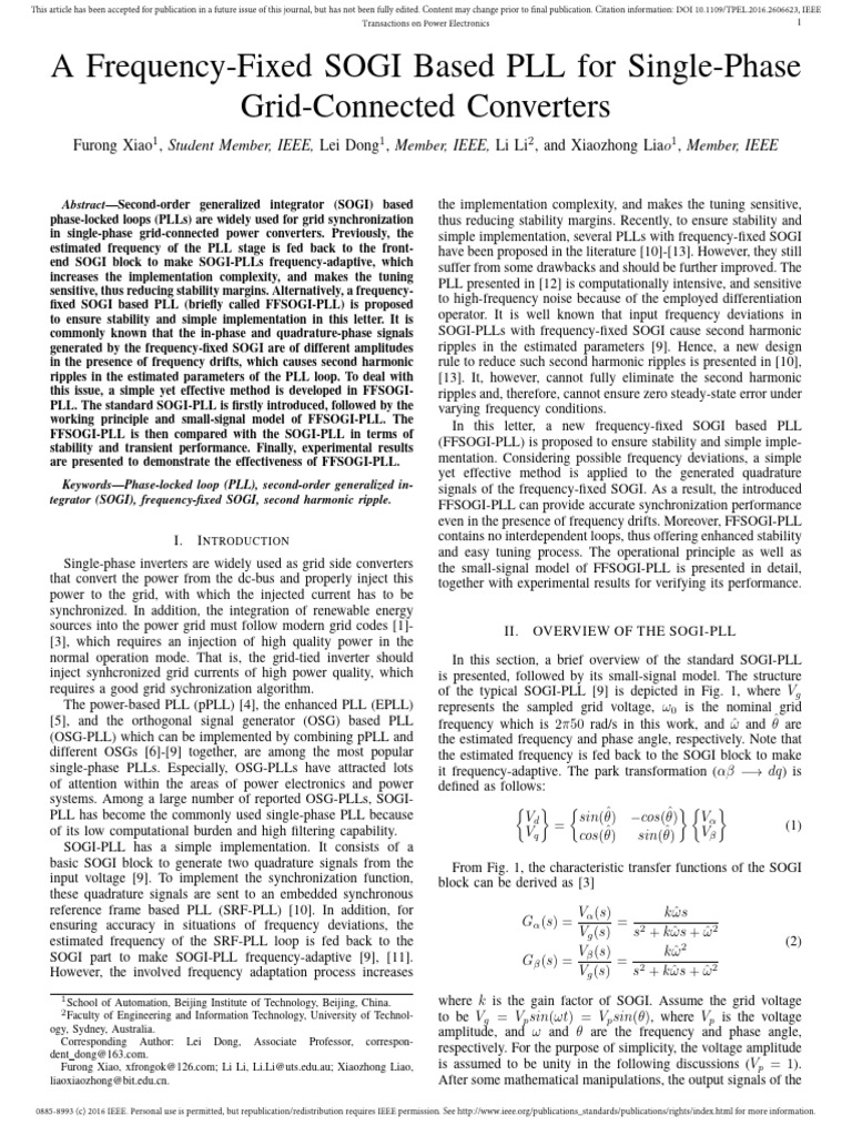 A Frequency-Fixed SOGI Based PLL For Single-Phase | Download Free PDF ...