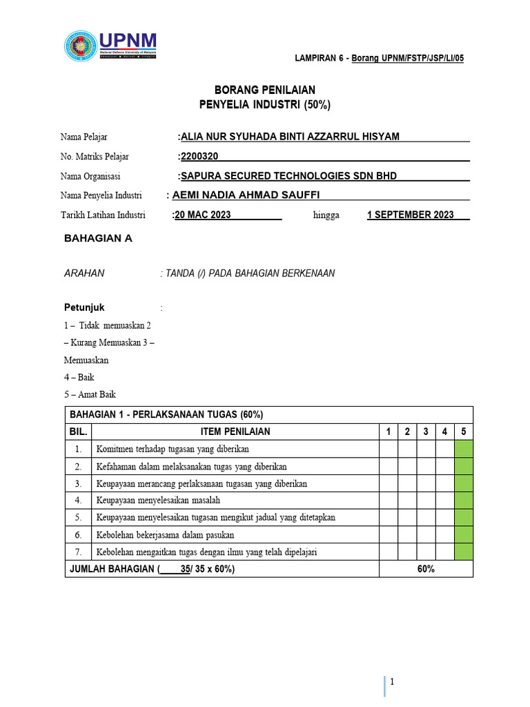 Borang Penilaian Penyelia Industri | PDF