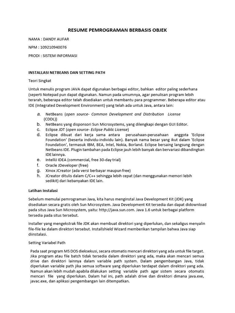 RESUME PEMROGRAMAN BERBASIS OBJEK | PDF
