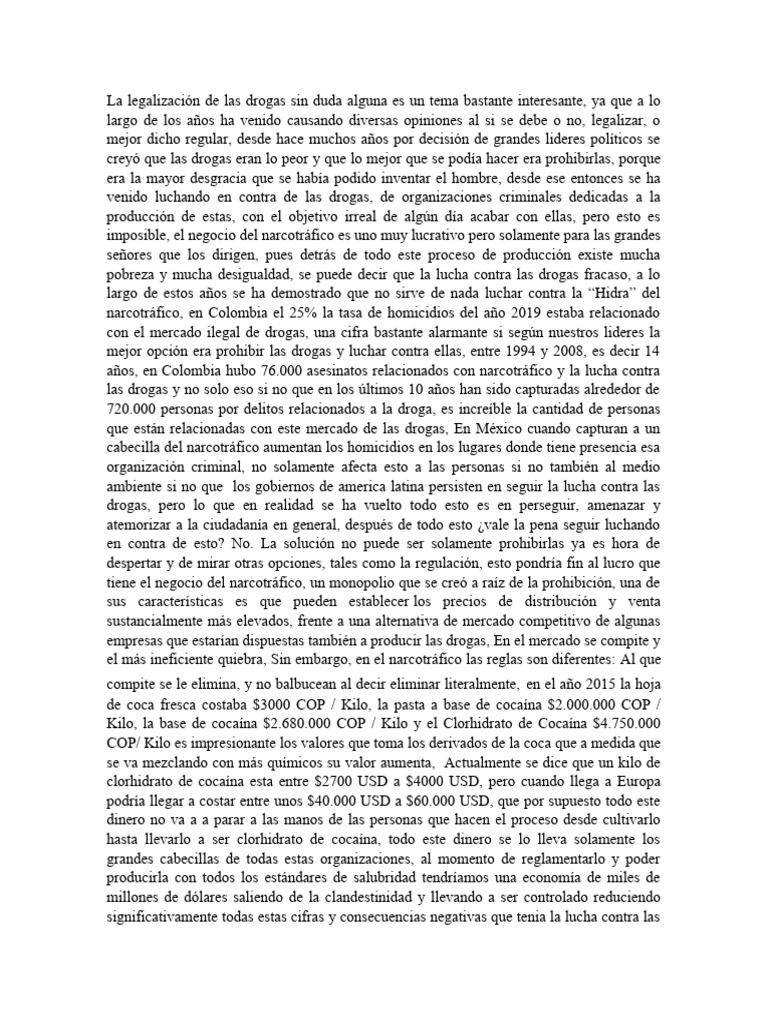 Ensayo Legalizacion Drogas | PDF | Comercio ilegal de drogas | Precios