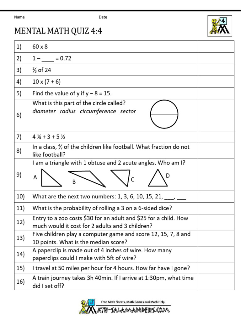 Mental Math 4th Grade 4 | Download Free PDF | Circle | Triangle