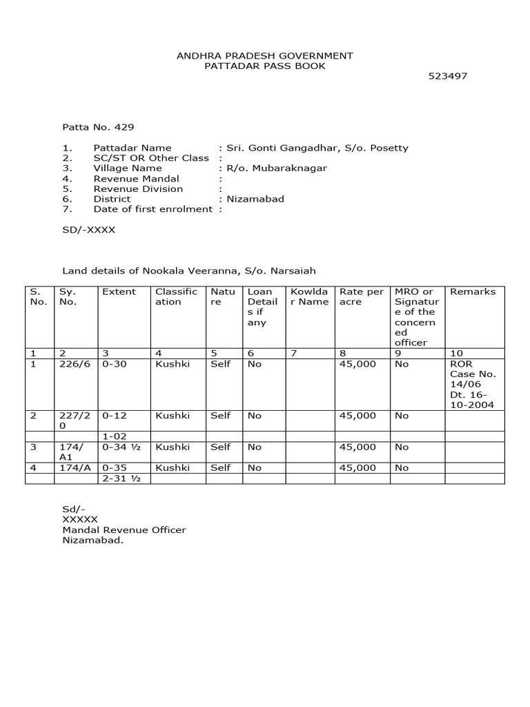 Old Pattadar Passbook | PDF