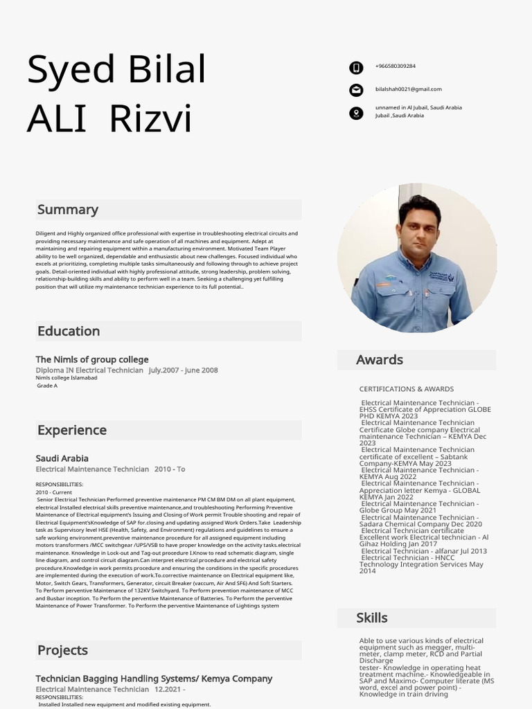 Electrical Maintenance Technician Resume. Bilal Ali - 1699607423 | PDF | Electrical Wiring ...