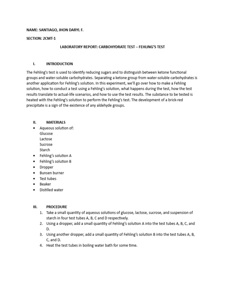 Lab Report#3 Carbohydrate Test - Fehling's Test | PDF | Carbohydrates ...