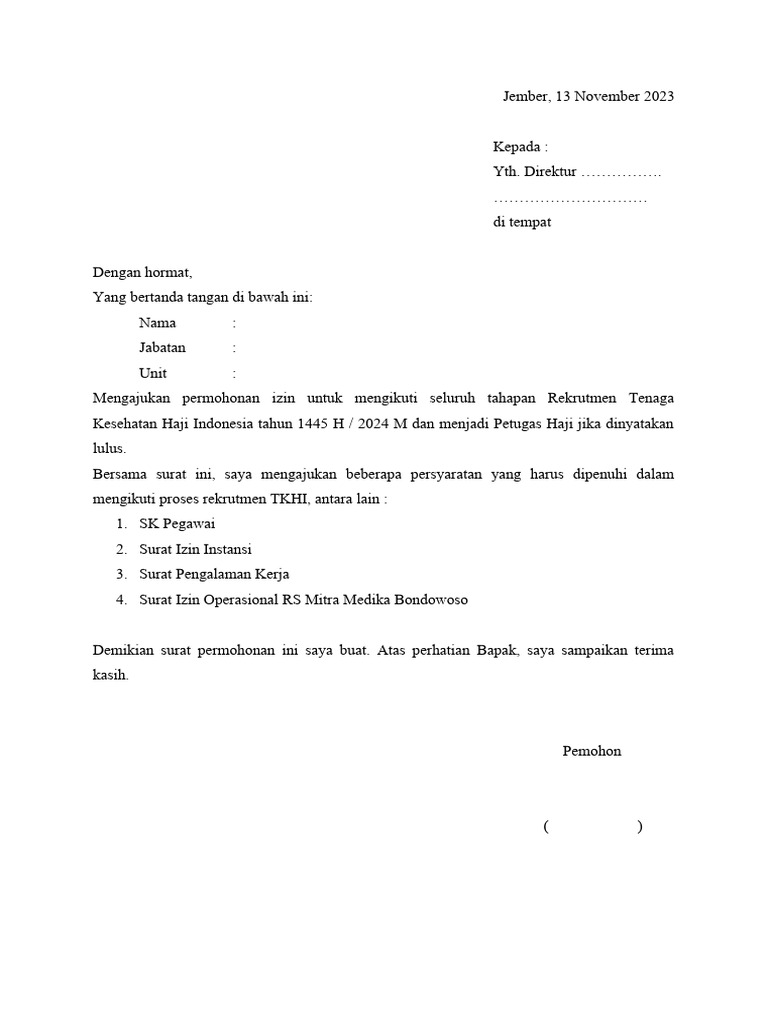 Contoh Surat Permohonan Ijin TKHI | PDF