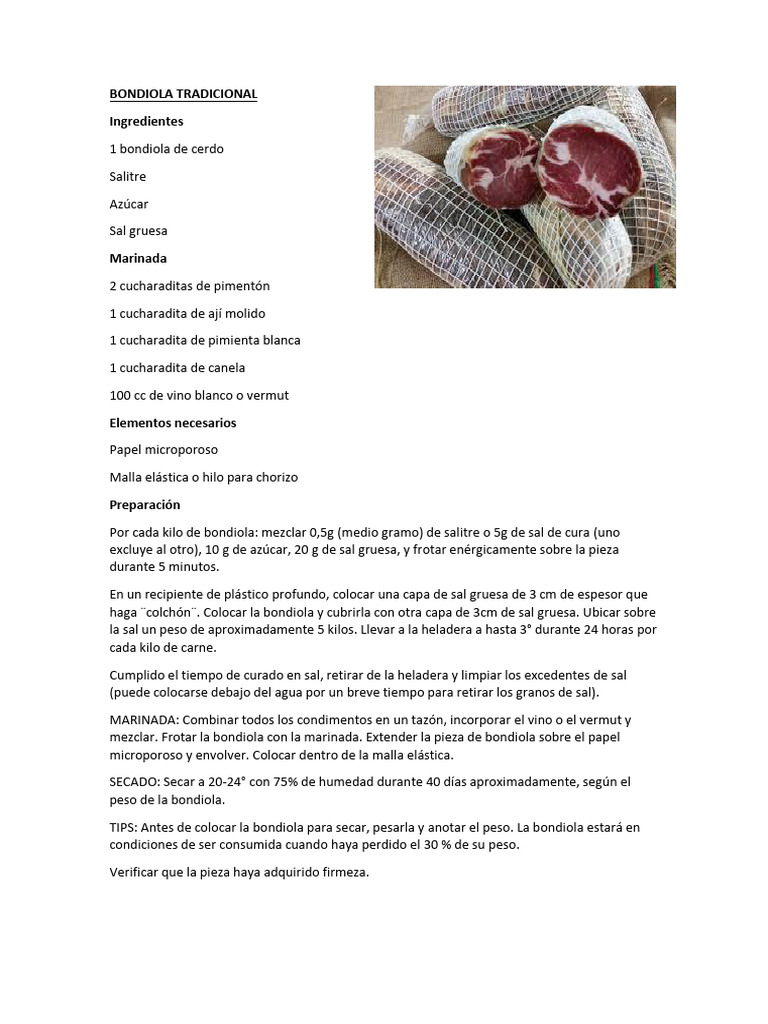 Receta de Bondiola Tradicional Curada | PDF | Cocina, comidas y vino