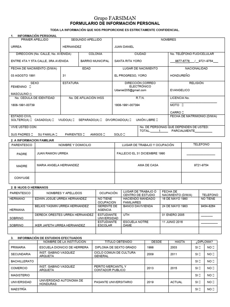 Formulario de Información Personal FARSIMAN | PDF | Enfermedades y ...
