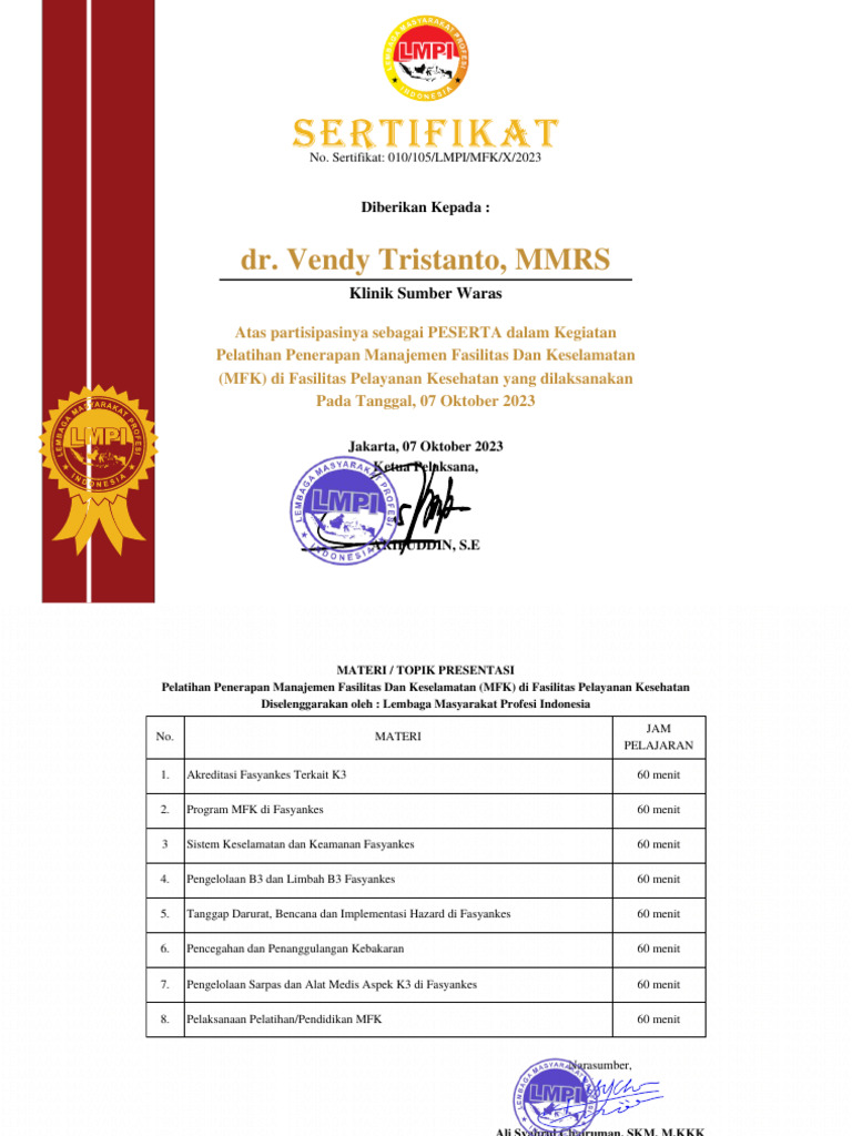 Sertifikat Pelatihan MFK Fasyankes | PDF