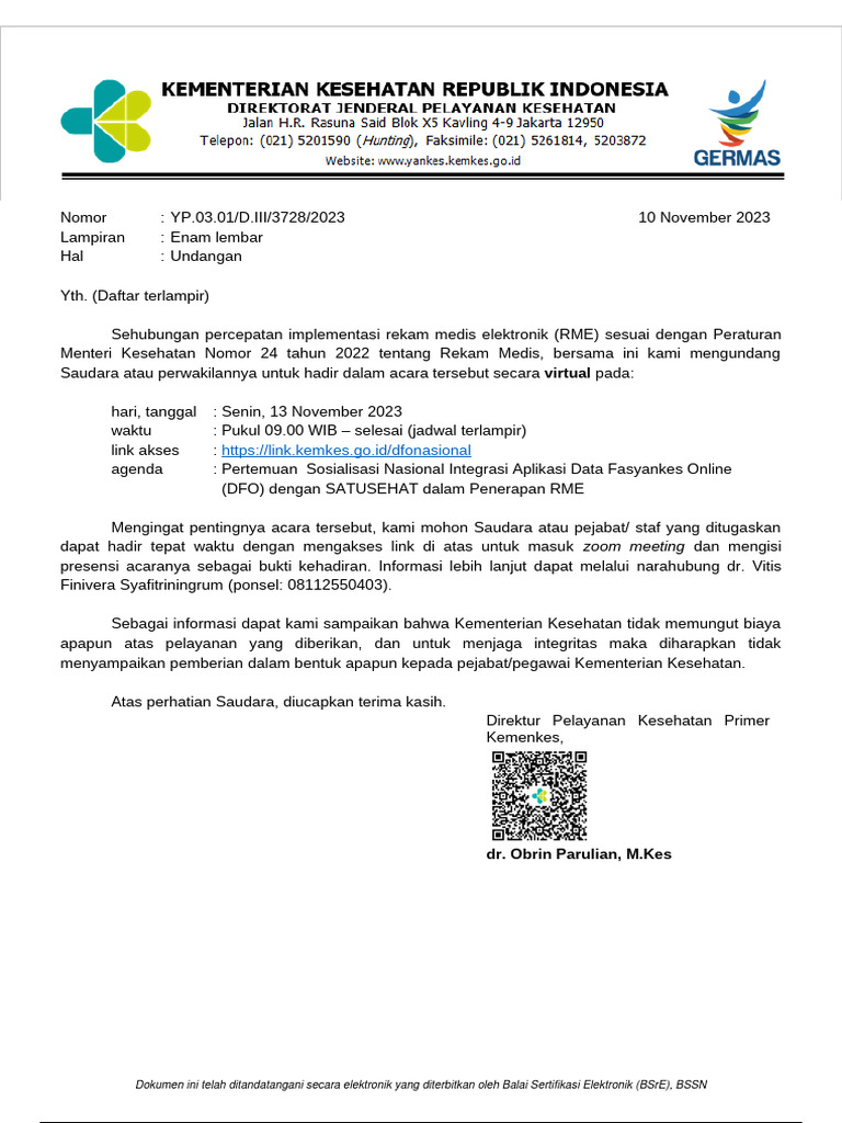 Undangan Sosialisasi Nasional Integrasi Aplikasi DFO Dengan SATUSEHAT Dalam Penerapan RME | PDF