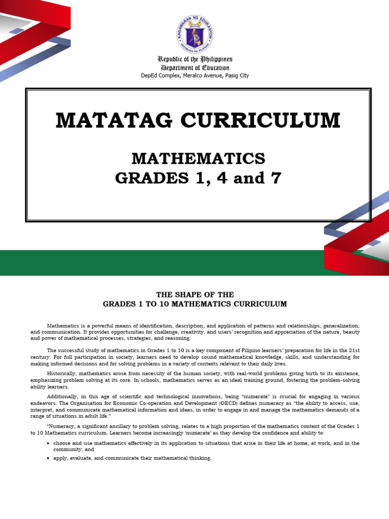 MATATAG Mathematics CG Grades1 4 and 7 | PDF | Learning | Mathematics