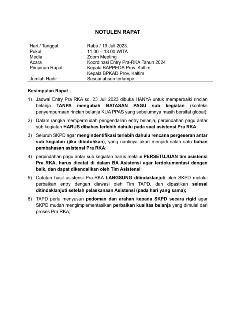 03 Notulen Rapat Entry Pra-RKA 2024, Zoom 19 Juli 2023 | PDF