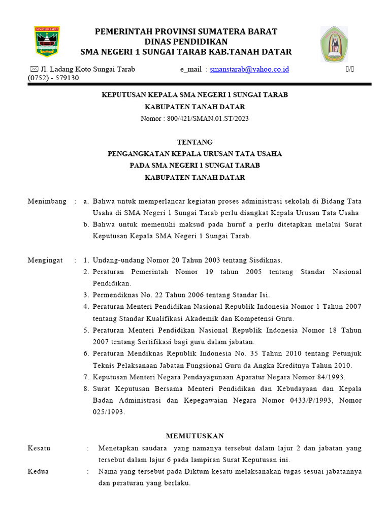 Pengangkatan Kepala TU SMAN 1 Sungai Tarab | PDF